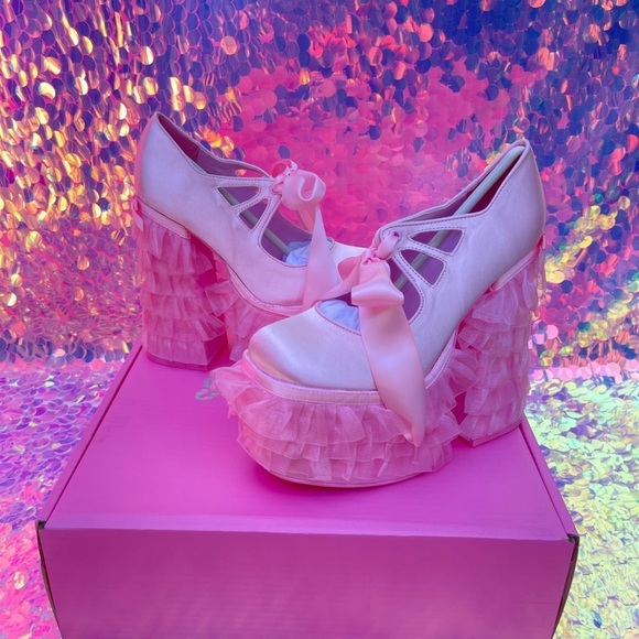 Dolls Kill | Shoes | Sugar Thrillz Pink Satin Ruffled Platform ...